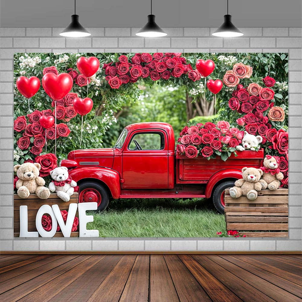 10x8ft Happy Valentine's Day Backdrops, Red Truck Heart Love Rose ...