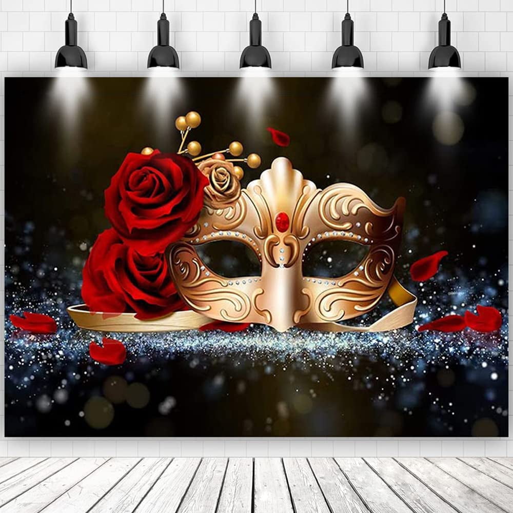 10x8ft Masquerade Party Backdrops Golden Mask Red Rose Backdrop for ...