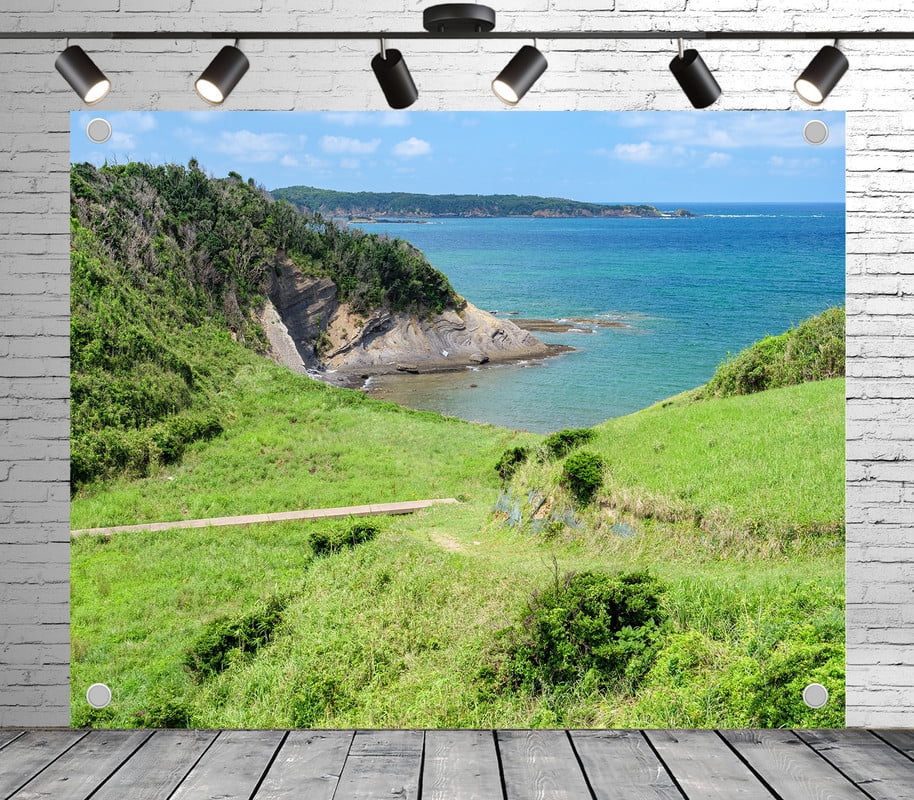10x8ft Ocean Cliff Backdrop – Rocky Shore, Lush Greenery & Turquoise ...