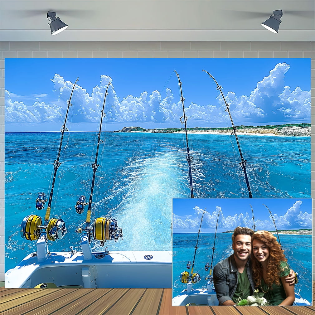 10x8ft Ocean Fishing Backdrop, Sea Landscape Fishing Poles Blue Sky ...