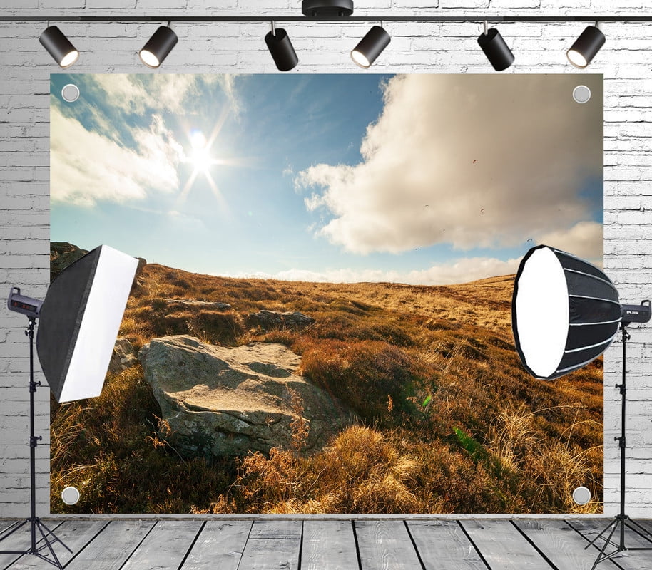 10x8ft Outdoor Background Sunlit Moorland Rocks Blue Sky Clouds Scenic ...