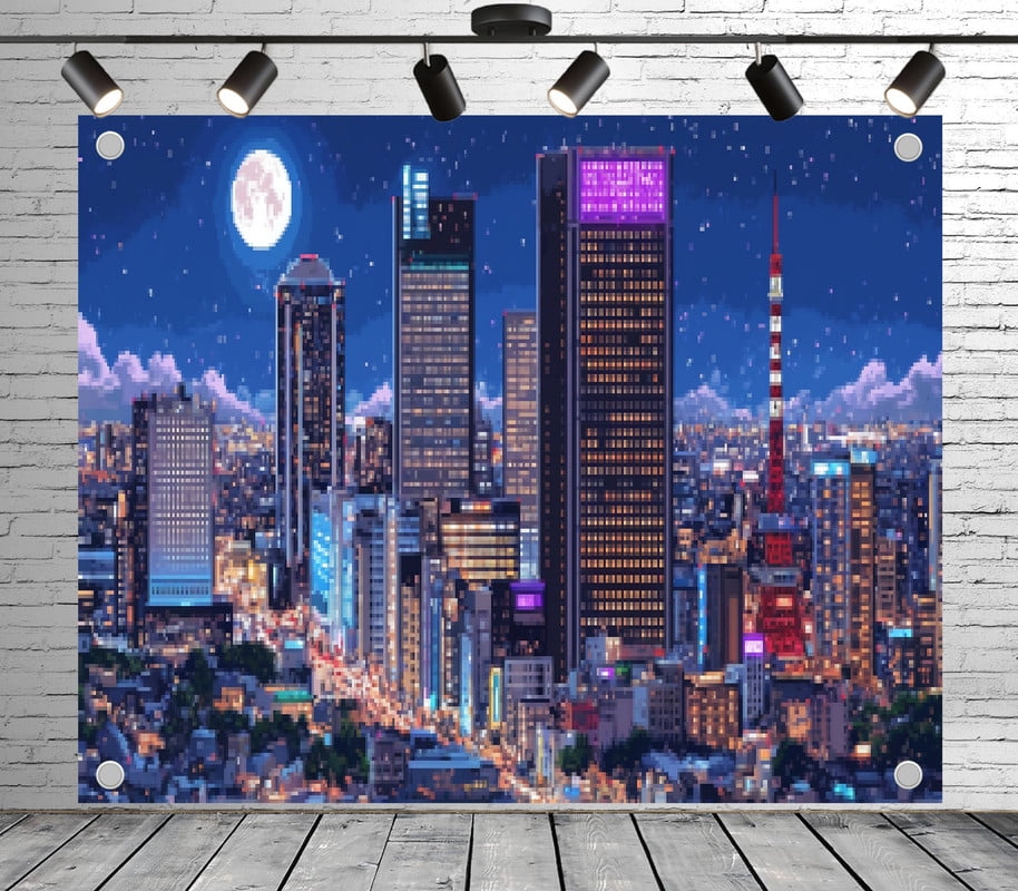 10x8ft Party Backdrop Night Cityscape Photo Backdrop Pixel Art ...
