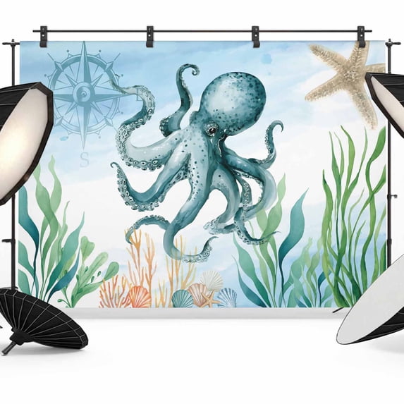 10x8ft Photo Backdrop, Octopus Coastal Soft Polyester Backdrop Curtains ...