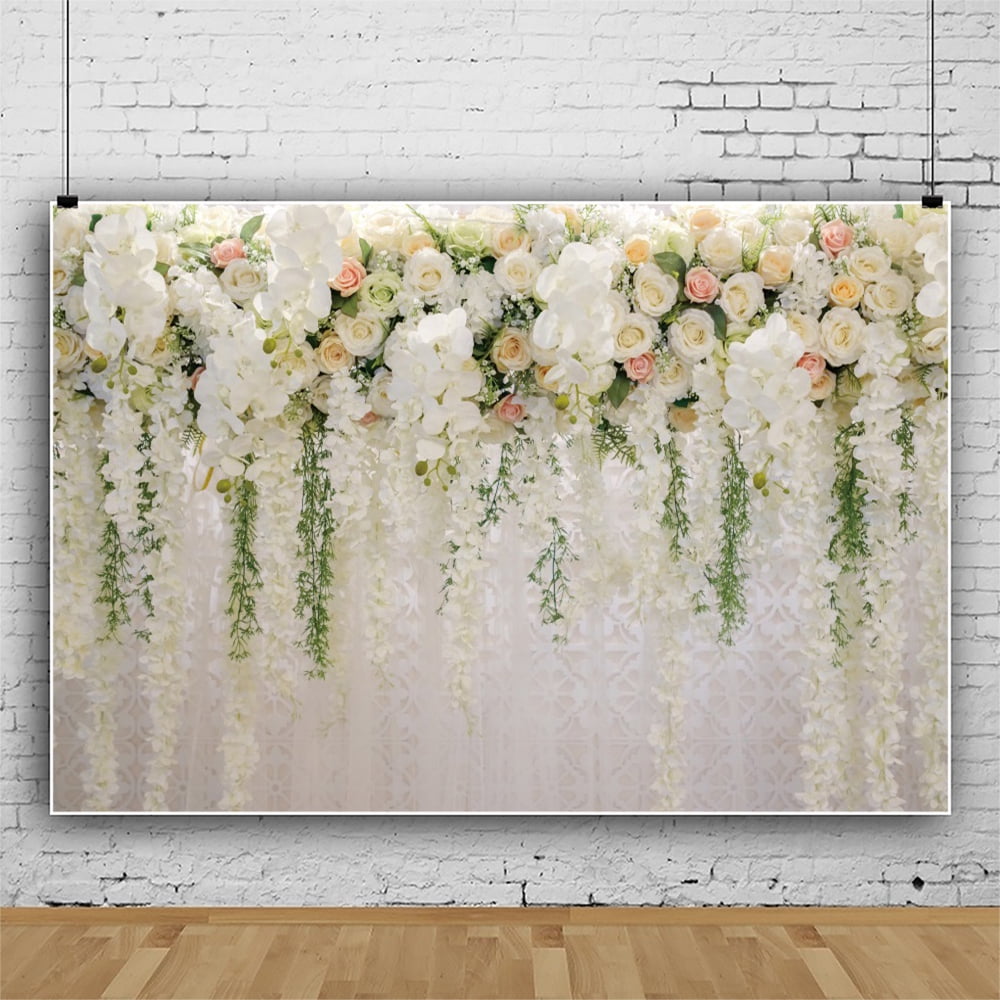 10x8ft,White Brick Wall Flowers Backdrop,Mother's Day Wedding ...