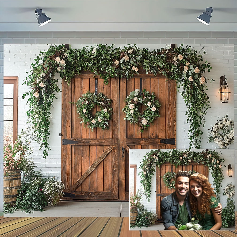 10x8ft White Brick Wall Rustic Barn Door Photography Backdrop, Wood Door Green Grass and Flowers ...