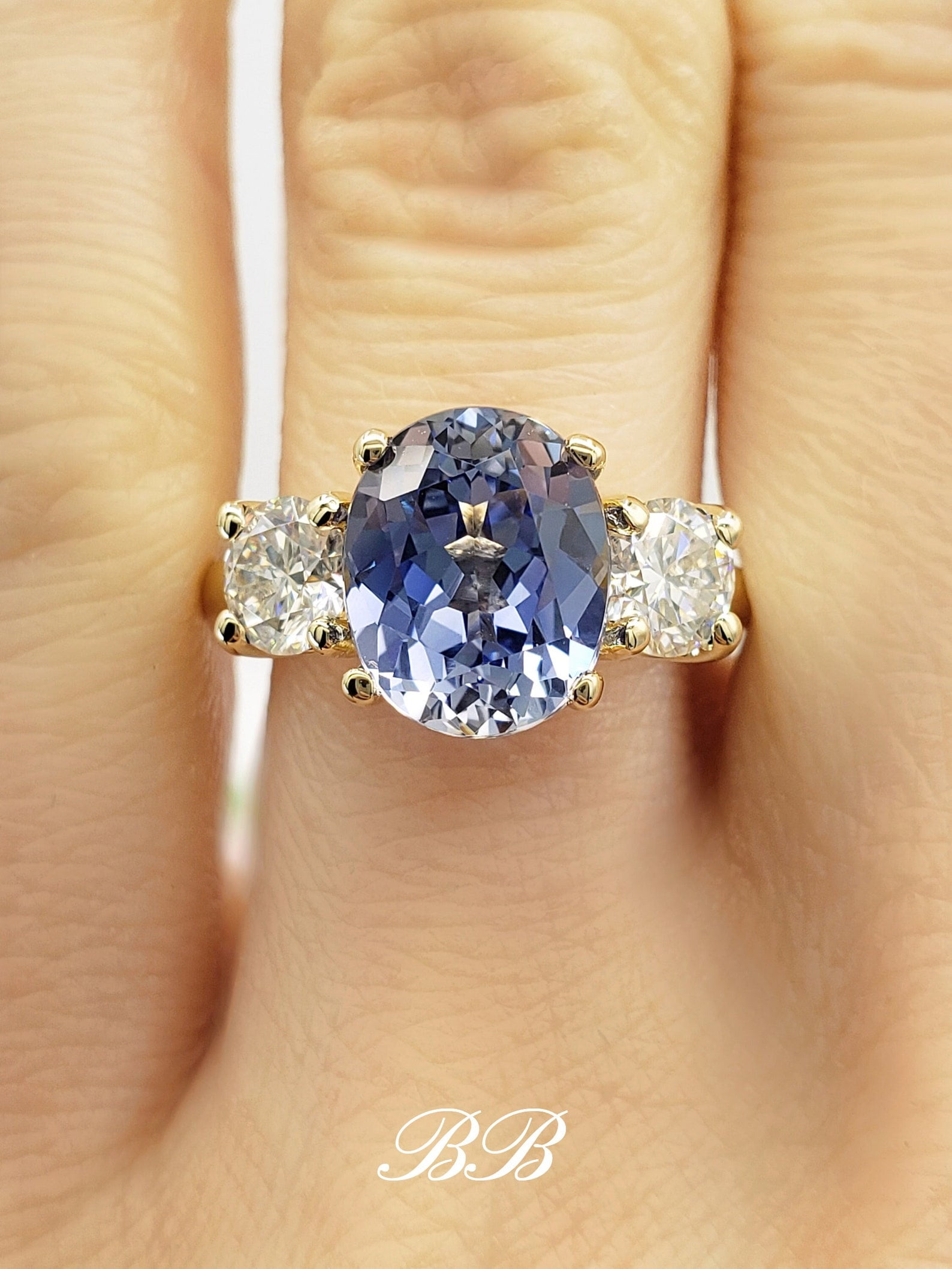 10x8mm Lab Created Ceylon Blue Sapphire, Oval Cut, Three Stone Ring ...