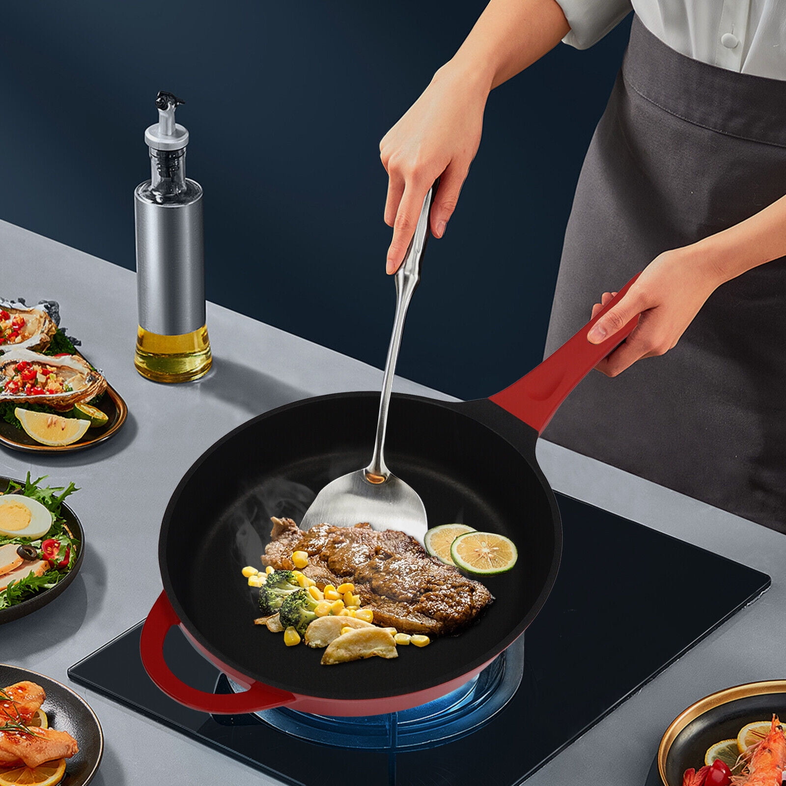 11.02in Aluminum Frying Pan W/Nonstick Coating&Lid Handle Deep Steak ...