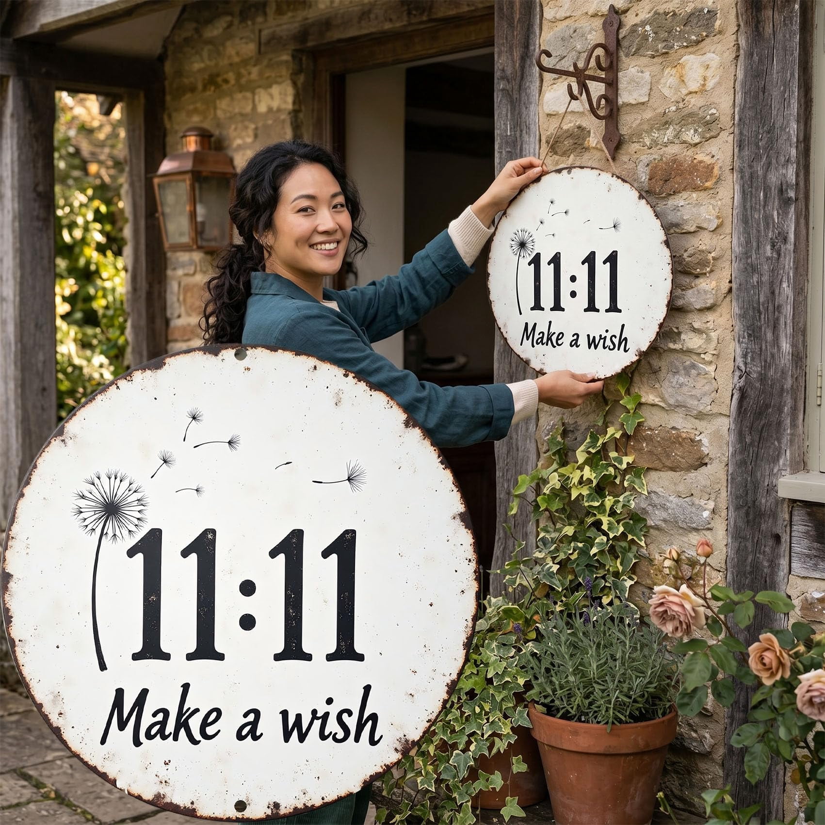 11:11 Make a Wish Sign - Circular Rustic Metal Sign with Dandelion 11: ...
