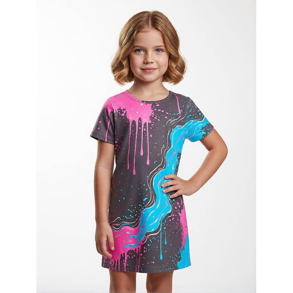 11-12Y Girls Short Sleeve Dress Digital Print Casual - Walmart.com