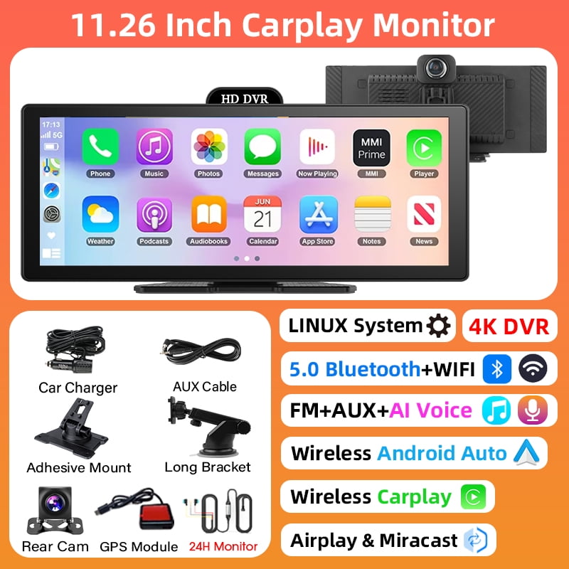 11.26 Inch 4K DVR Wireless CarPlay & Android Auto Dash Cam Bluetooth ...