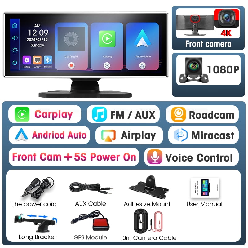 11.26 Inch 4K Dash Cam Car DVR Rearview Mirror Camera Wireless CarPlay ...