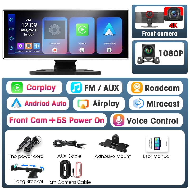 11.26 Inch 4K Dash Cam Car DVR Rearview Mirror Camera Wireless CarPlay Android Auto GPS ...