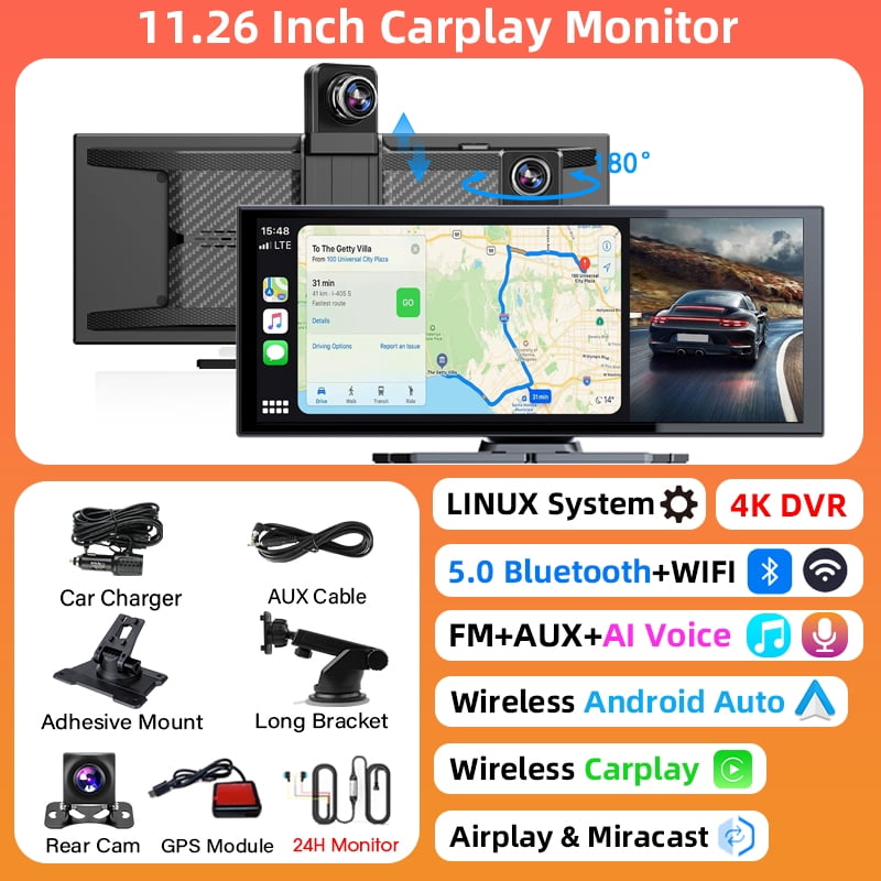 11.26 inch Dash Cam 4K Car DVR Wireless Carplay & Android Auto GPS ...
