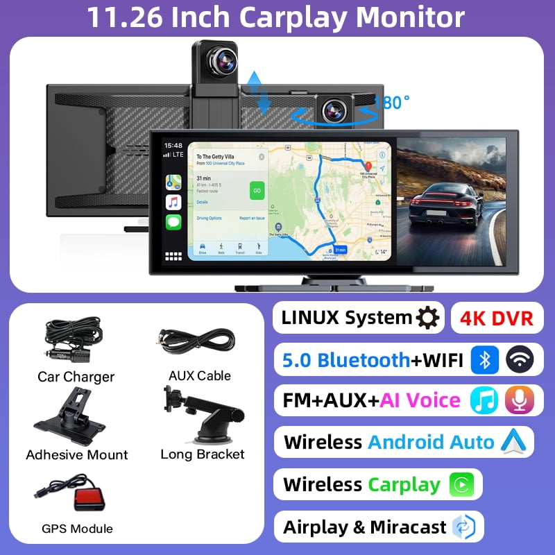 11.26 inch Dash Cam 4K Car DVR Wireless Carplay & Android Auto GPS ...