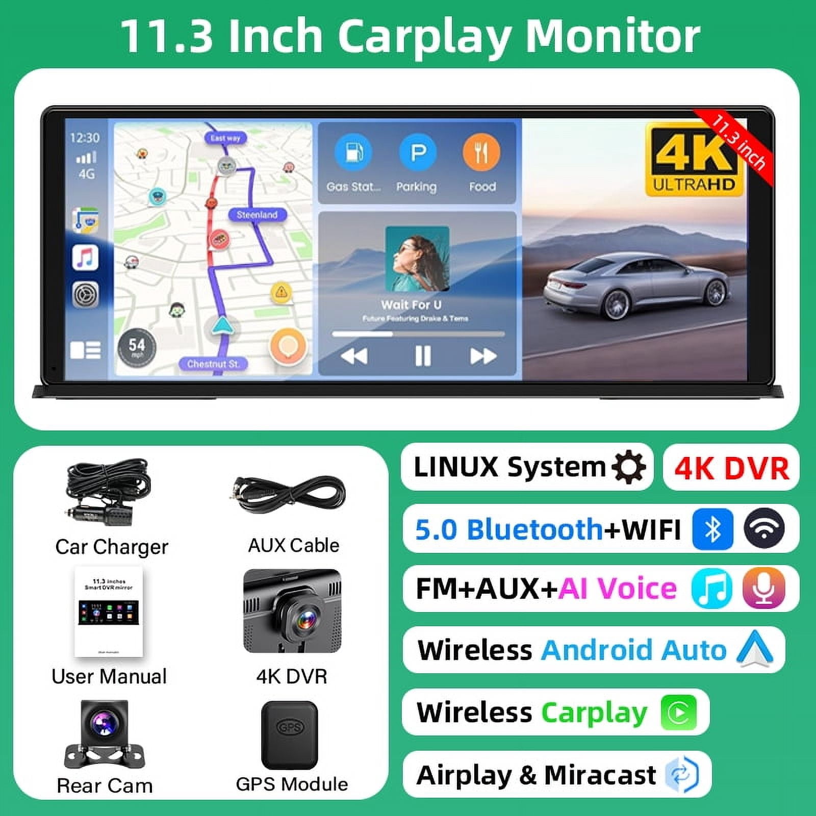 11.3" 4K DVR Wireless CarPlay & Android Auto Dash Cam GPS Navigation ...