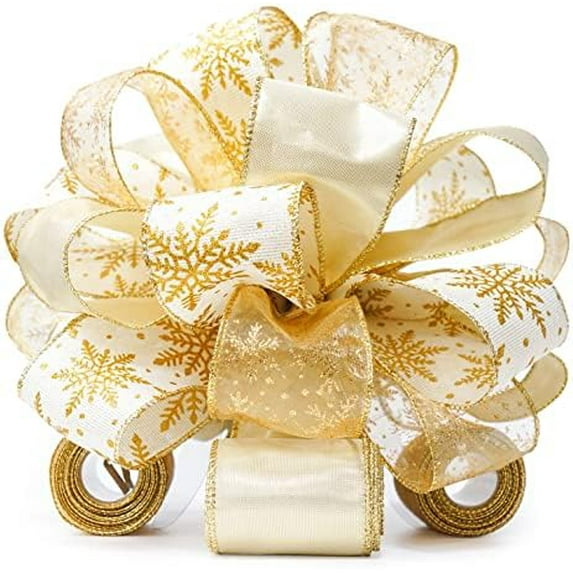 11" Wide Gold Christmas Tree Topper Bow 4 Tails Streamers with 3 Yards Long Each for Home ...