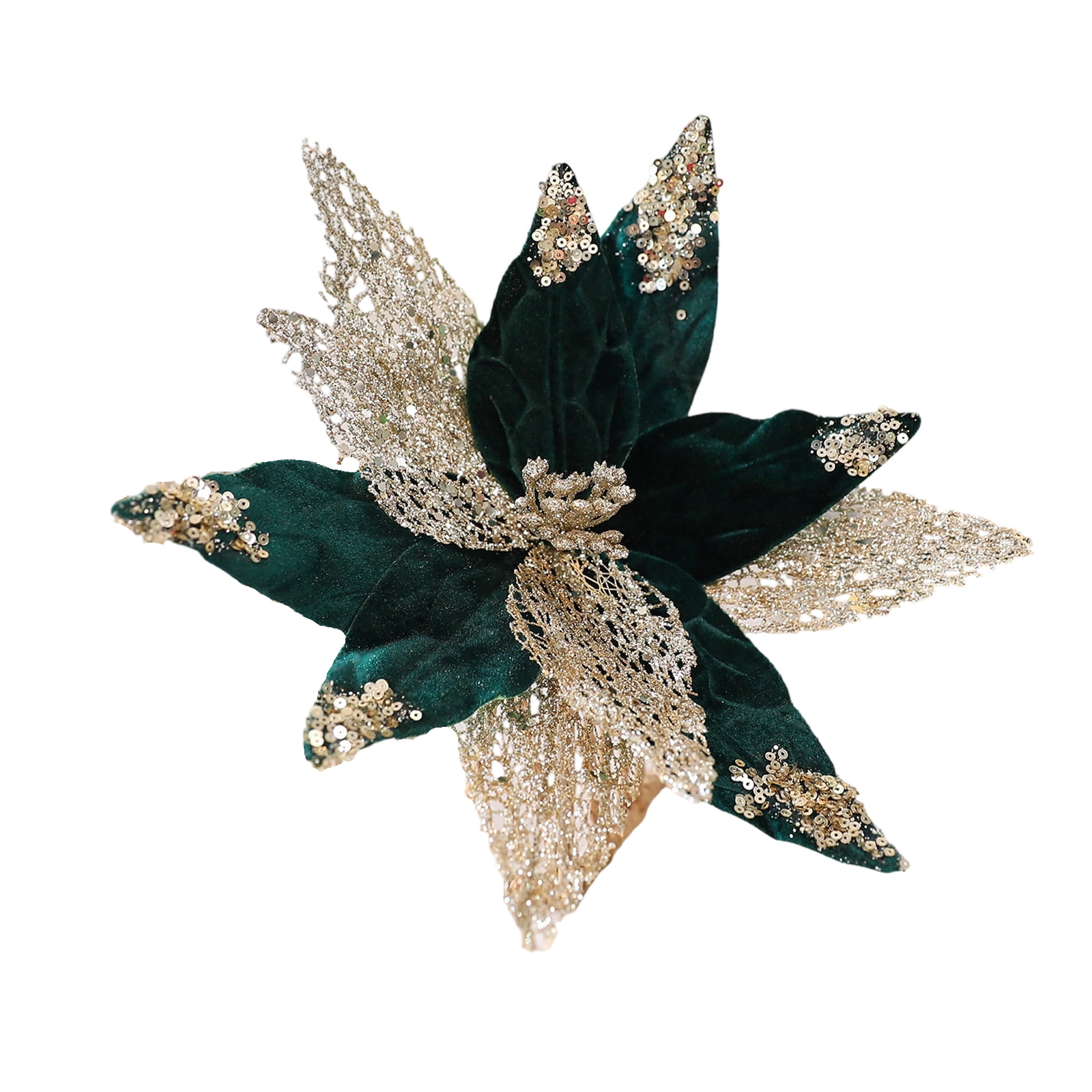 11.4" Large Velvet Poinsettia Christmas Flowers, Glitter Artificial ...