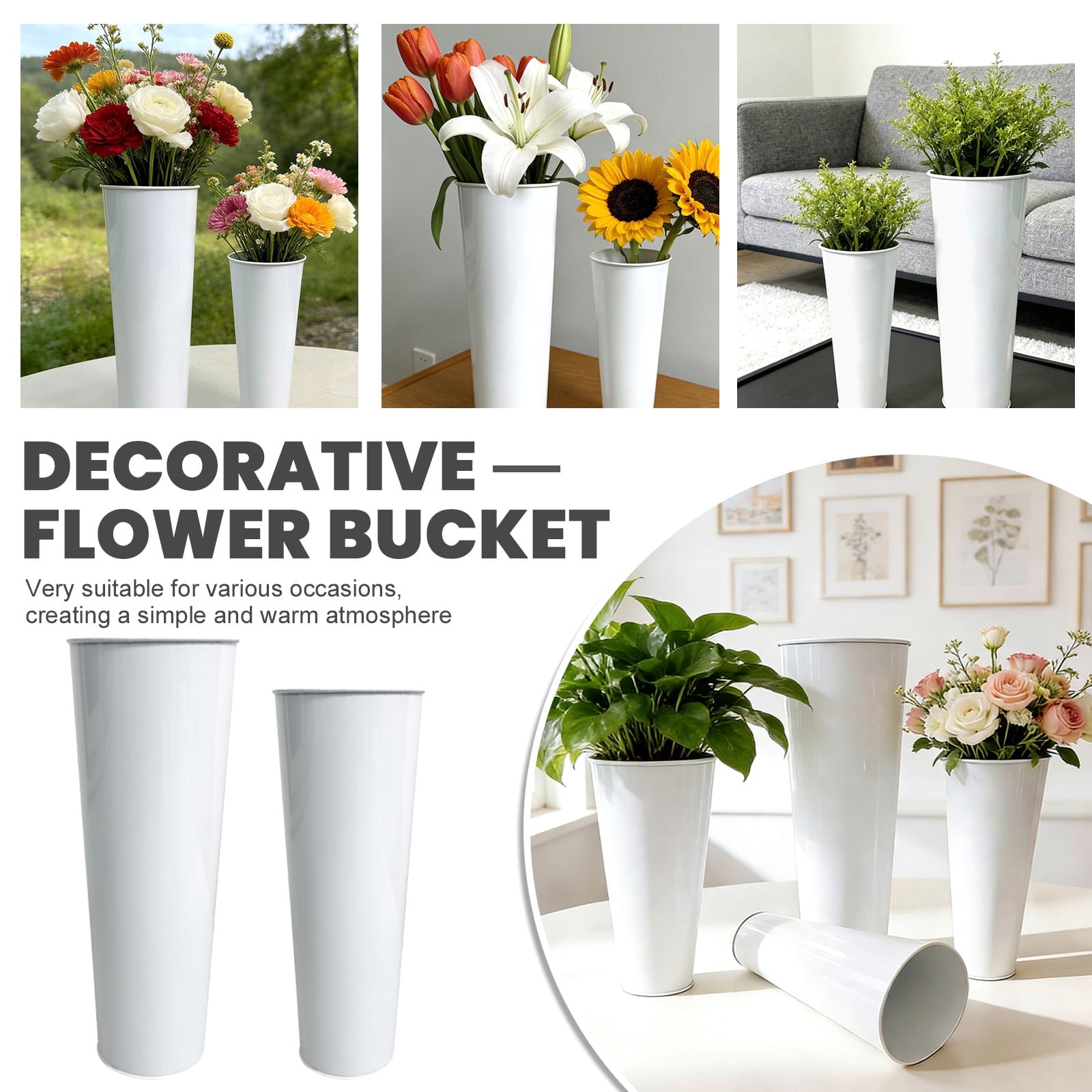 11.4in White Metal Flower Buckets,Tall Galvanized Vases for Fresh ...