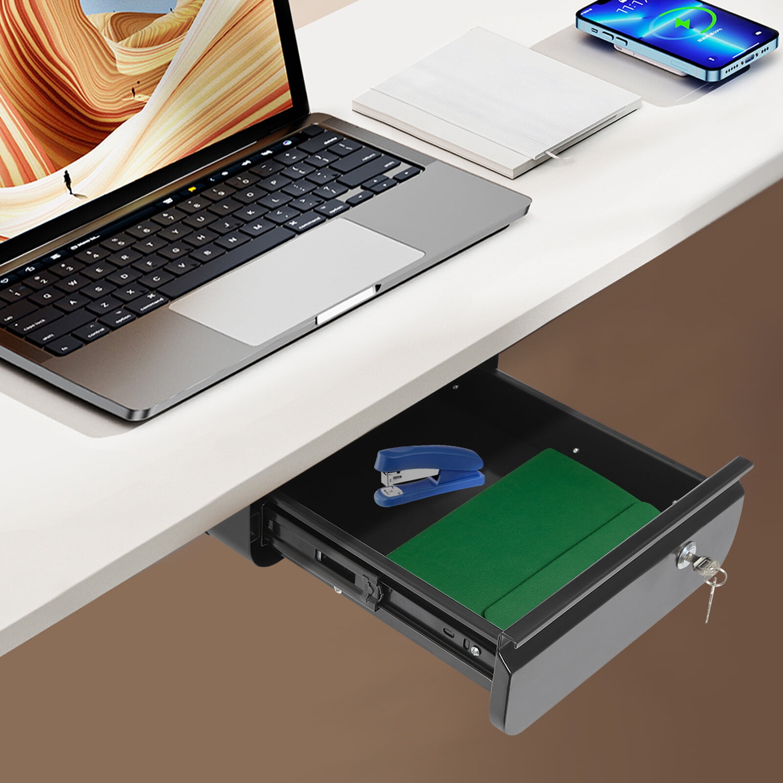 11.5*14.3in (L*W) Under Desk Pull-Out Drawer Lockable Sliding Storage ...