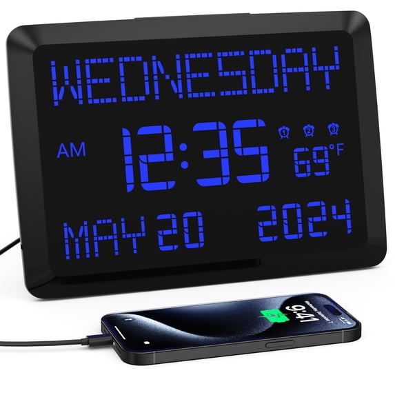 11.5” Digital Wall Clock with Date,Time,Week,Indoor Temperature,3 ...