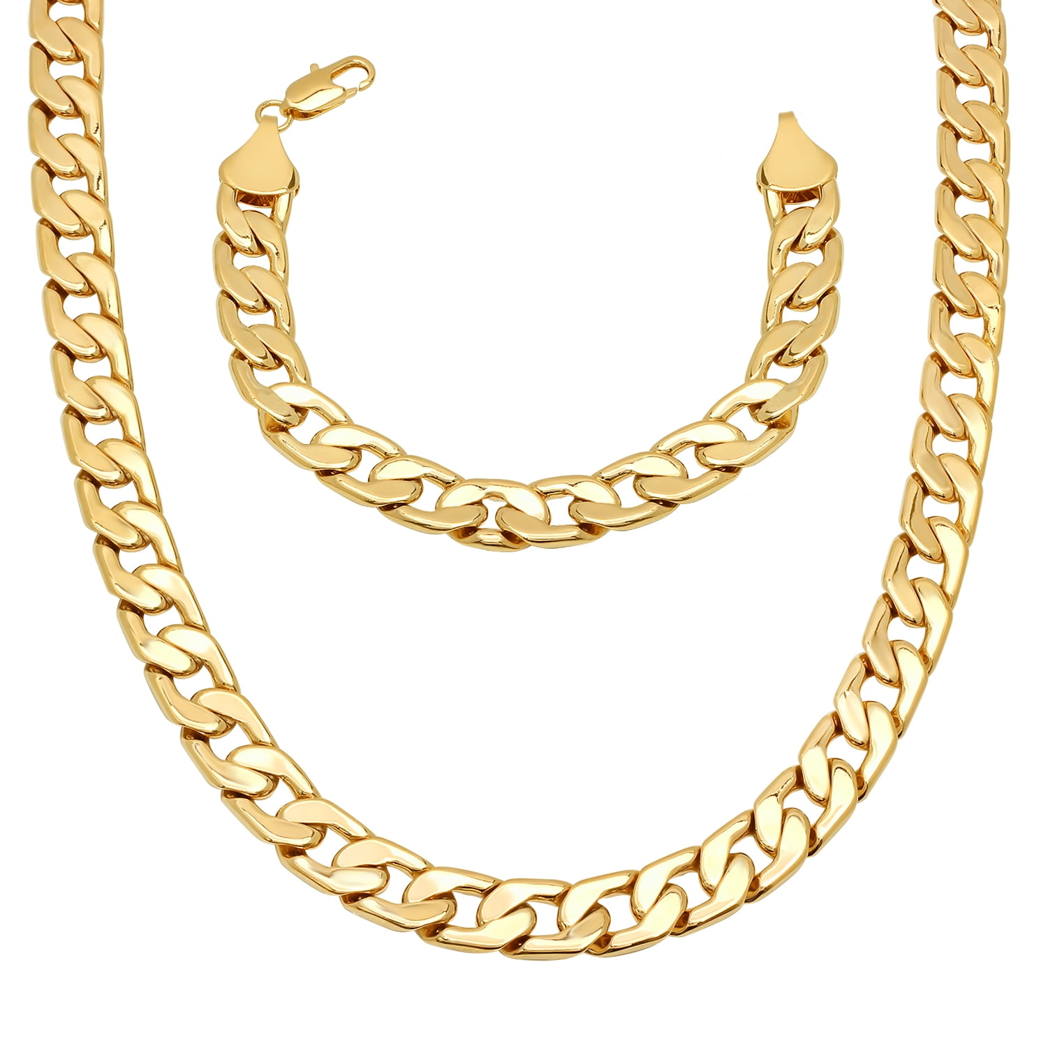 11.5mm Polished 14k Gold Plated Cuban Chain Necklace + Bracelet Set, 36 ...