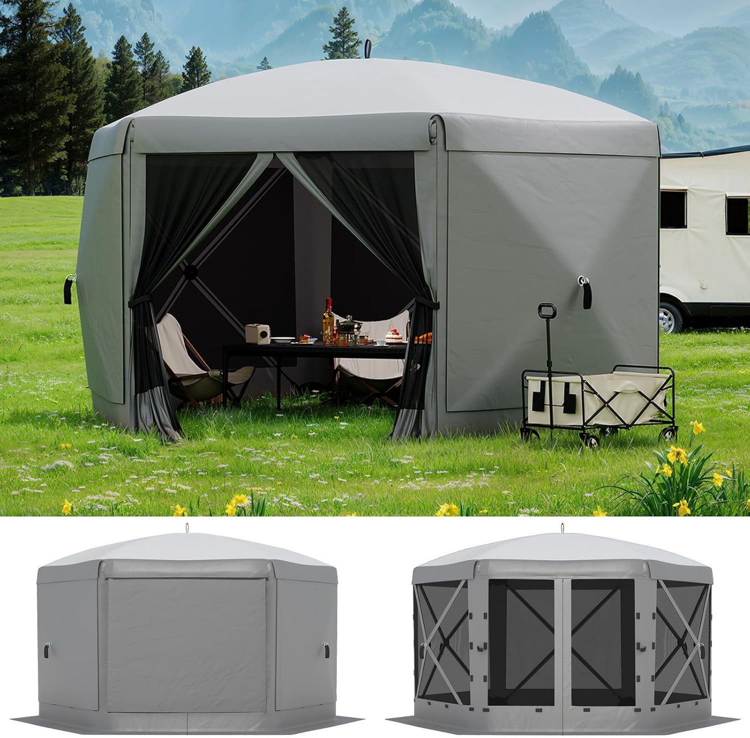 11.5x11.5FT 6-Sided Gazebo Tent，One-Push Setup Canopy Tent with Mesh ...