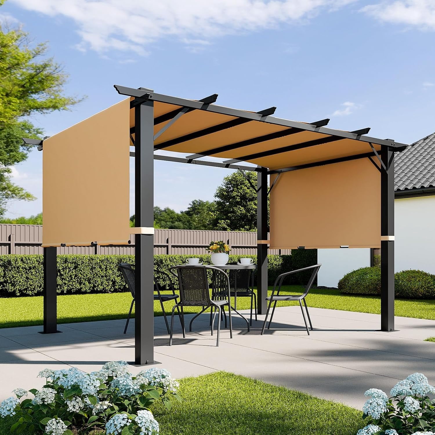 11.6' x 9.7' Outdoor Retractable Pergola, Metal Frame Patio Gazebo with ...