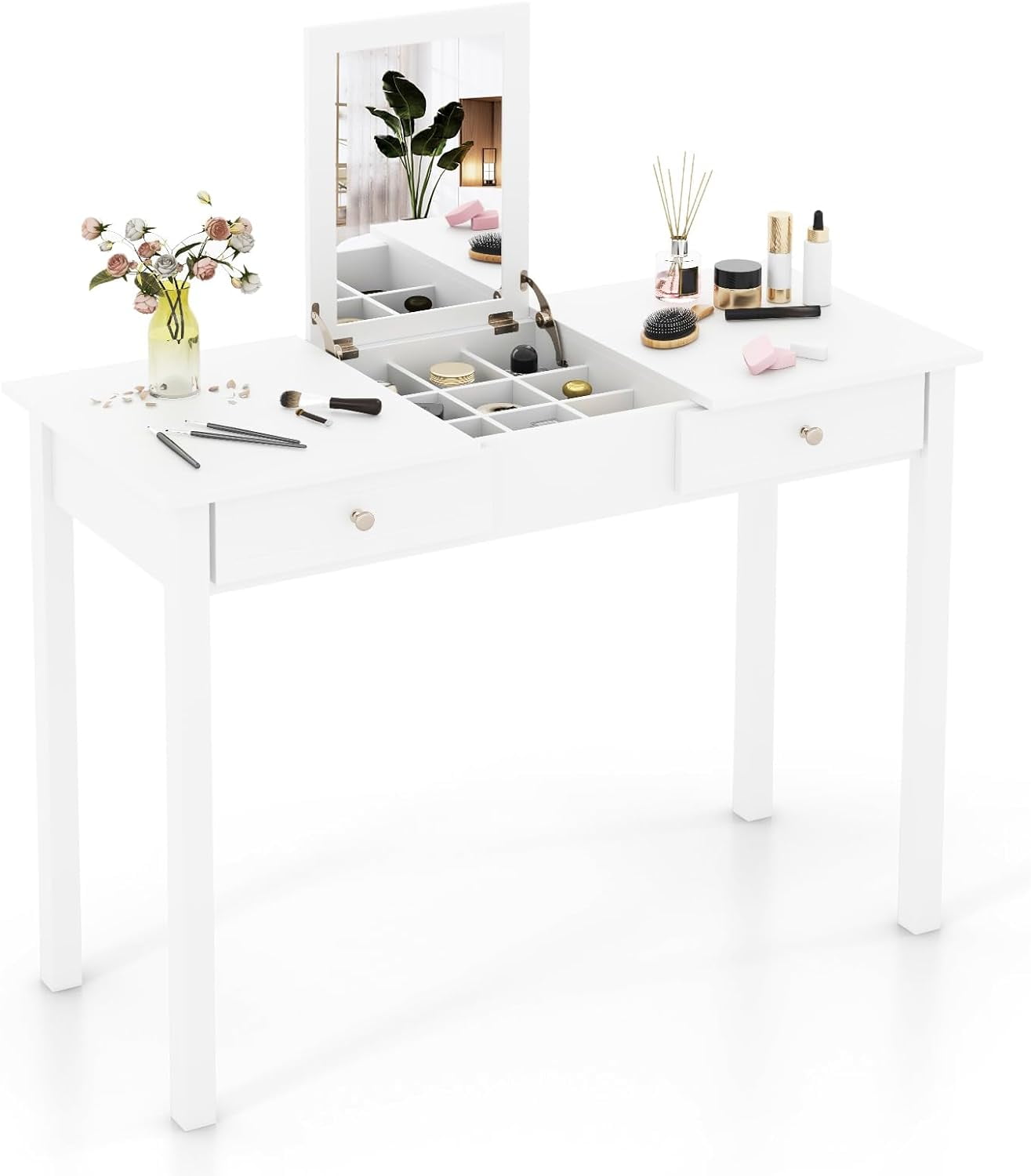 CHARMAID Makeup Vanity Desk - 44 inch White Vanity Desk with Flip Top ...