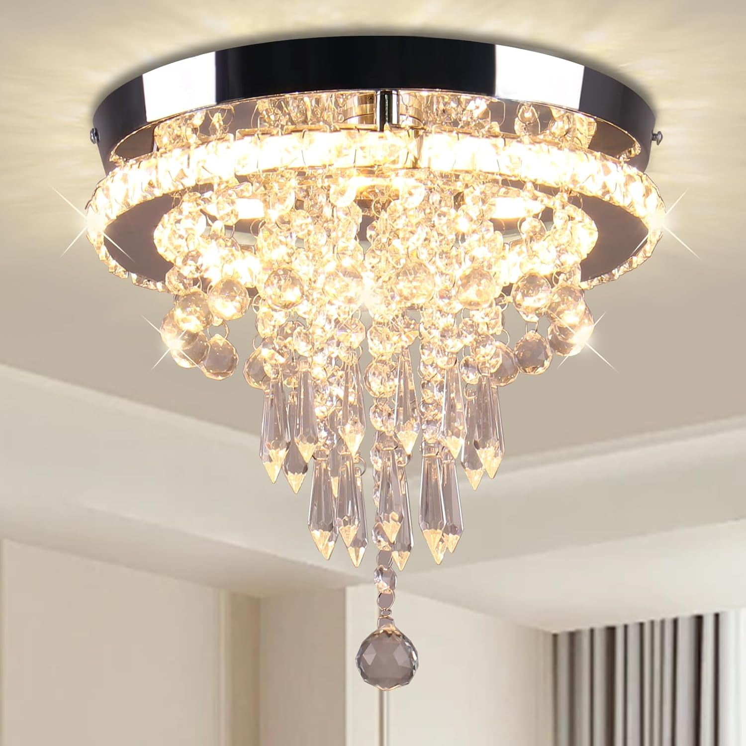 11.8" Crystal Chandelier Modern Crystal Ceiling Light Flush Mount Ceiling Lighting Fixture Mini ...