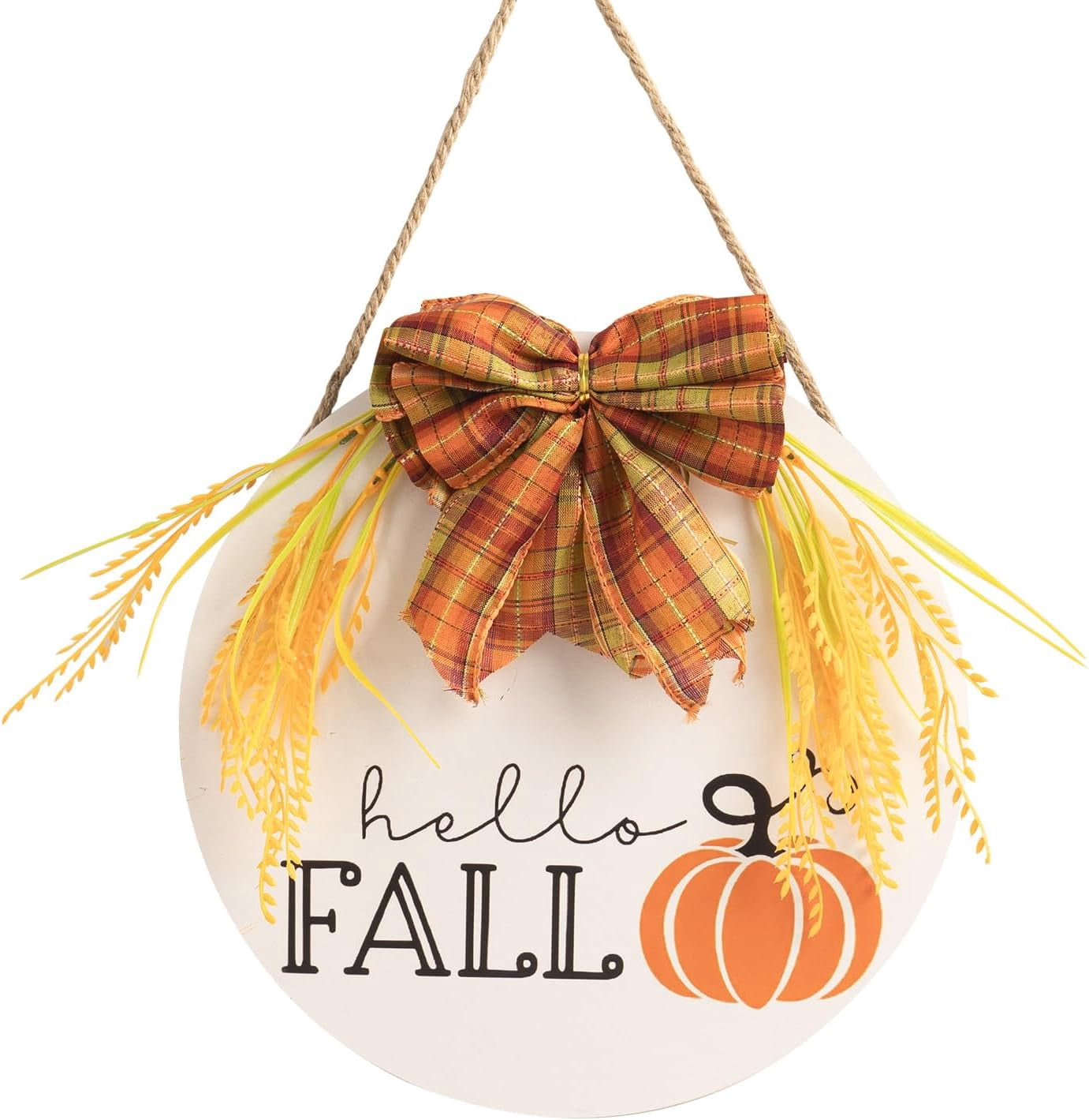 11.8" Hello Fall Sign for Front Door with Wreath Bow, Wooden Autumn ...