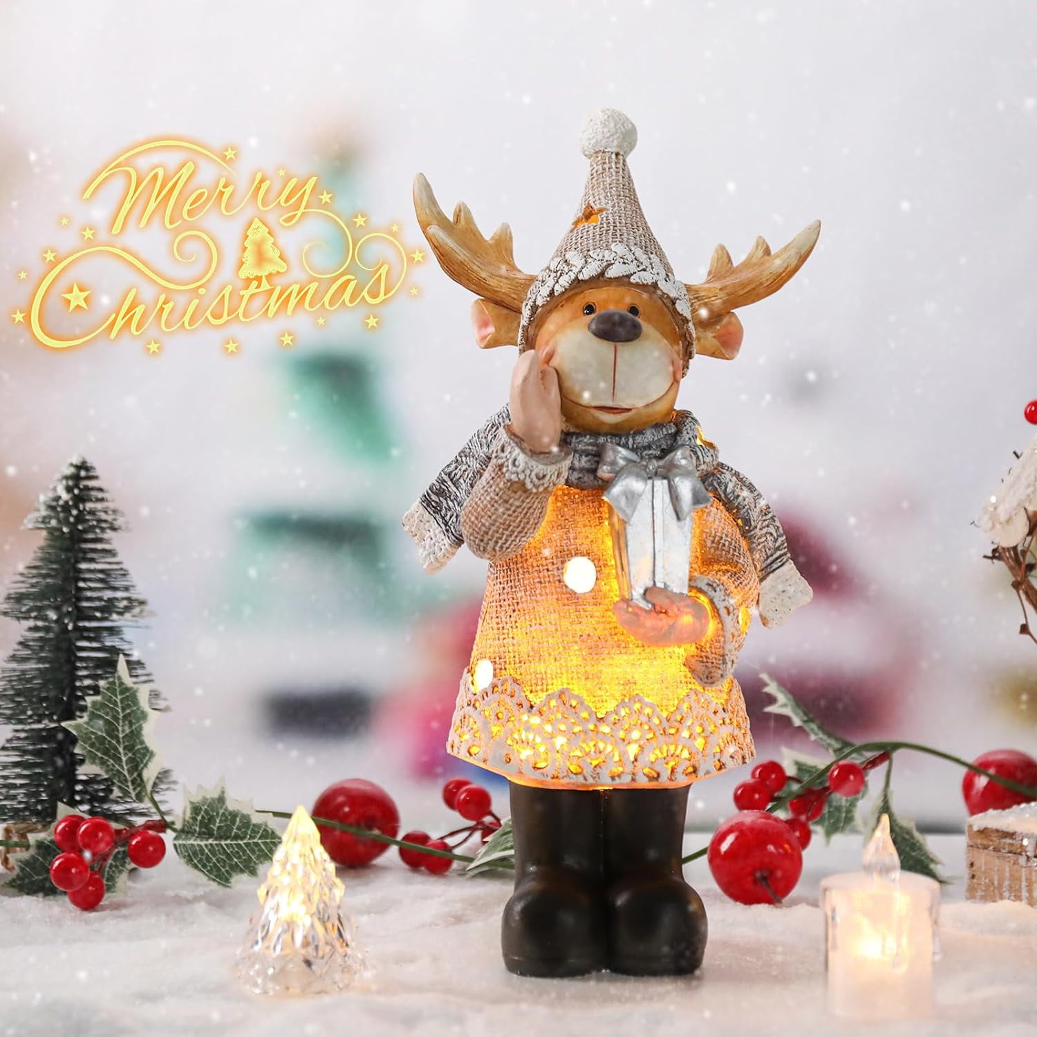 11.8 Inch Christmas Moose Holding Gift Decor, Moose Figurines Hand ...