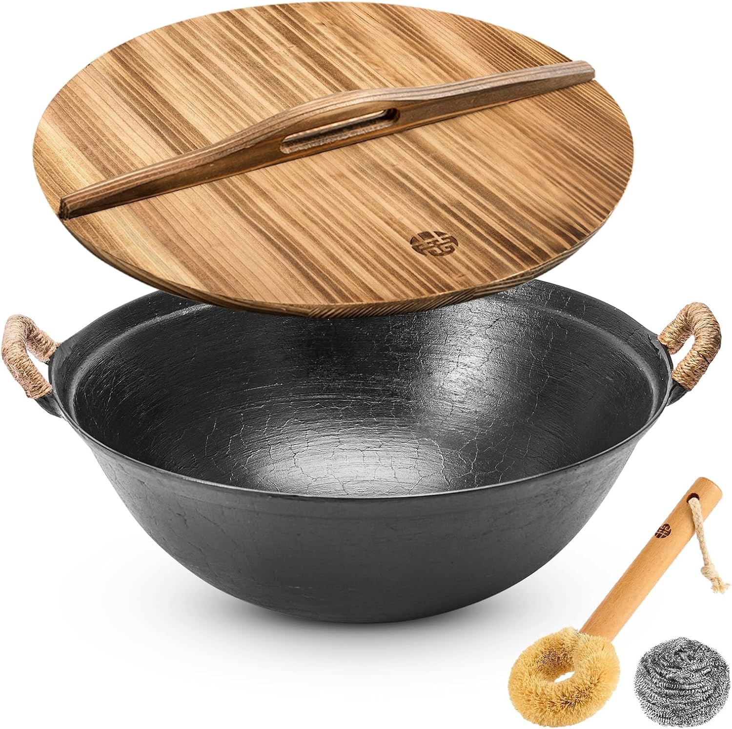 11.8 Inch Handmade Cast Iron Wok with Dual Handles, Small Round-Bottom ...
