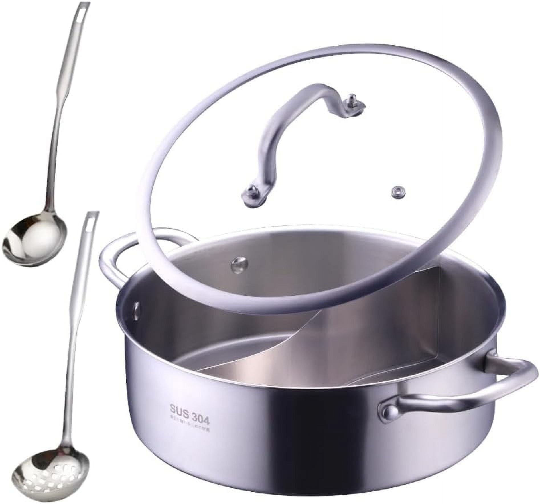 11.8 Inch Stainless Steel Shabu Hot Pot with Divider, Glass Lid Dual ...