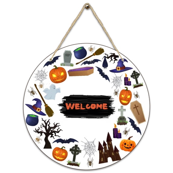 11.8 Inch Wooden Round Sign Festive Halloween Door Decor, Spooky ...
