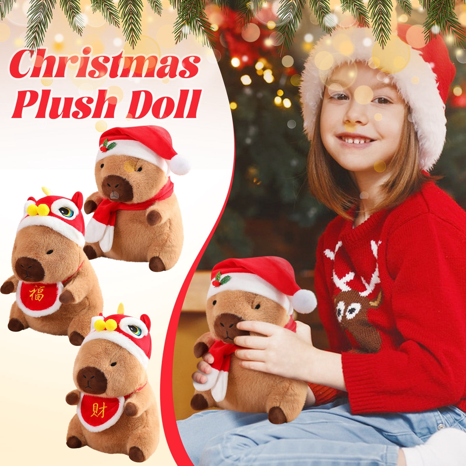 11.81" Capybara Plush Toys (3Pcs) - Chinese Lion & Christmas - Cuddly ...