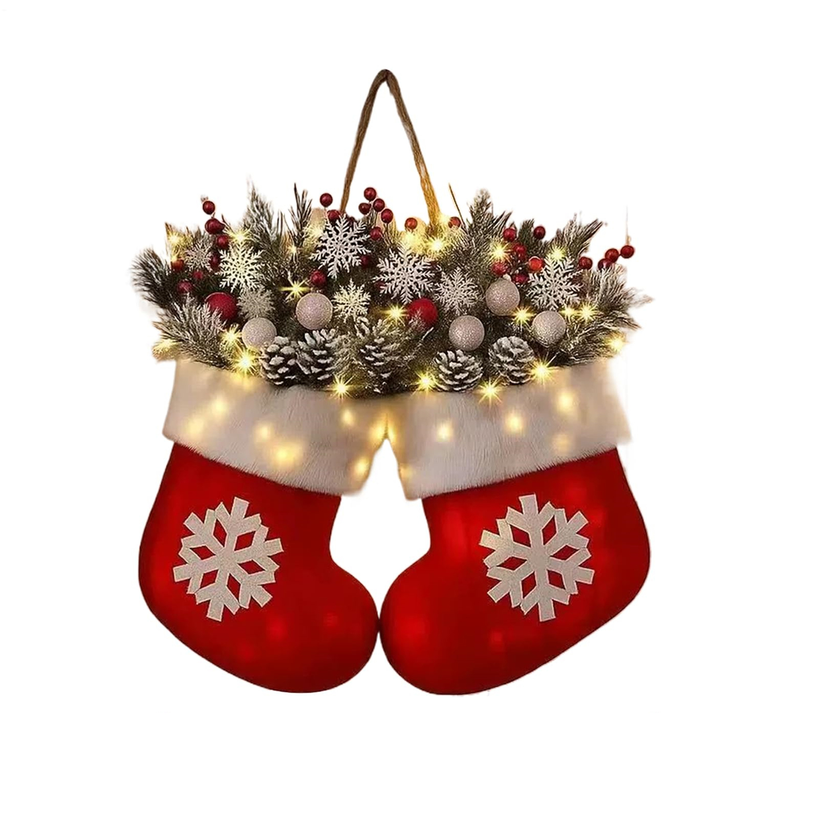 11.81Inch Twinkling Christmas Sock Wreath, Velvet Cloth Christmas Sock ...