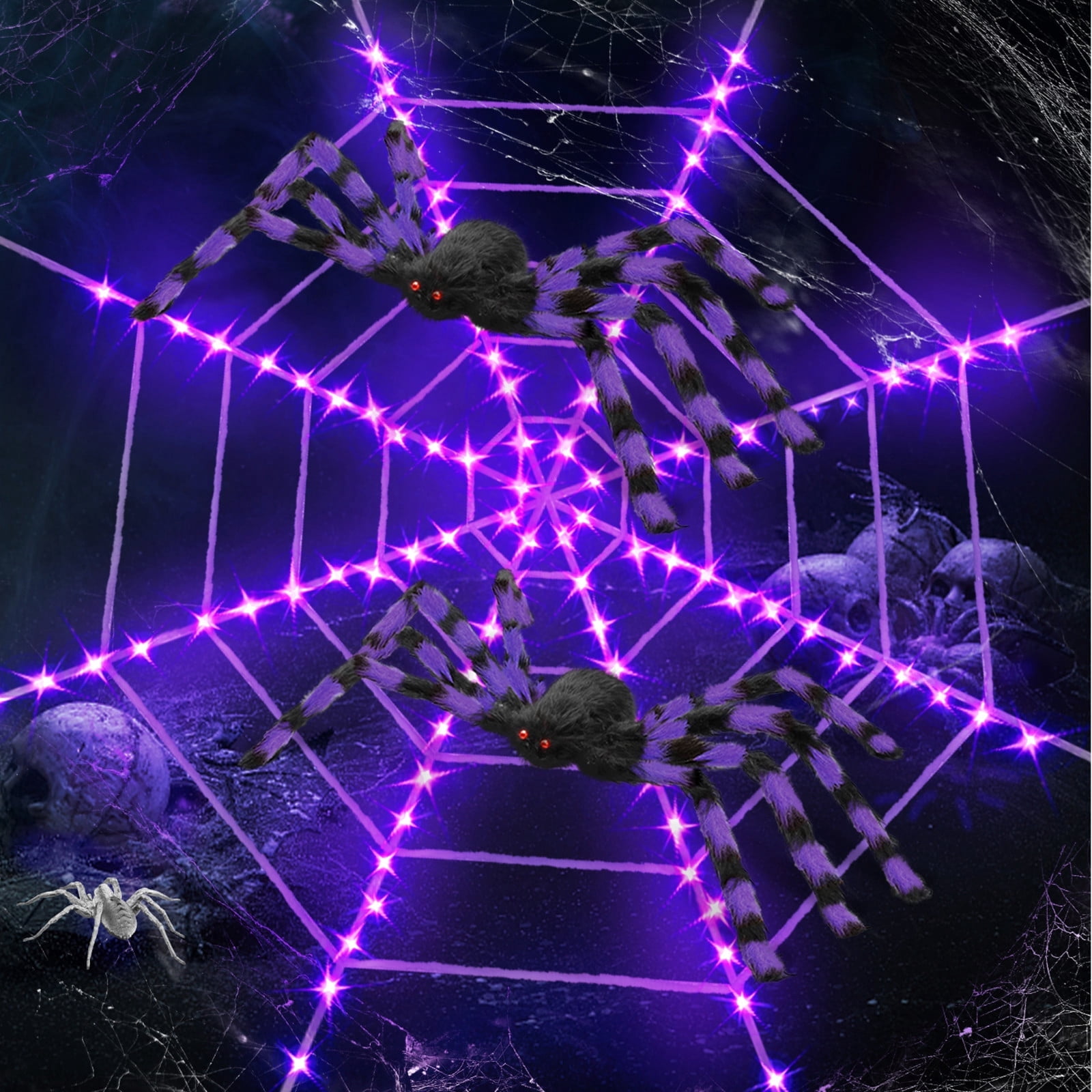11.8ft Halloween 144 LED Purple Spider Web Lights with 35" Giant Spider ...