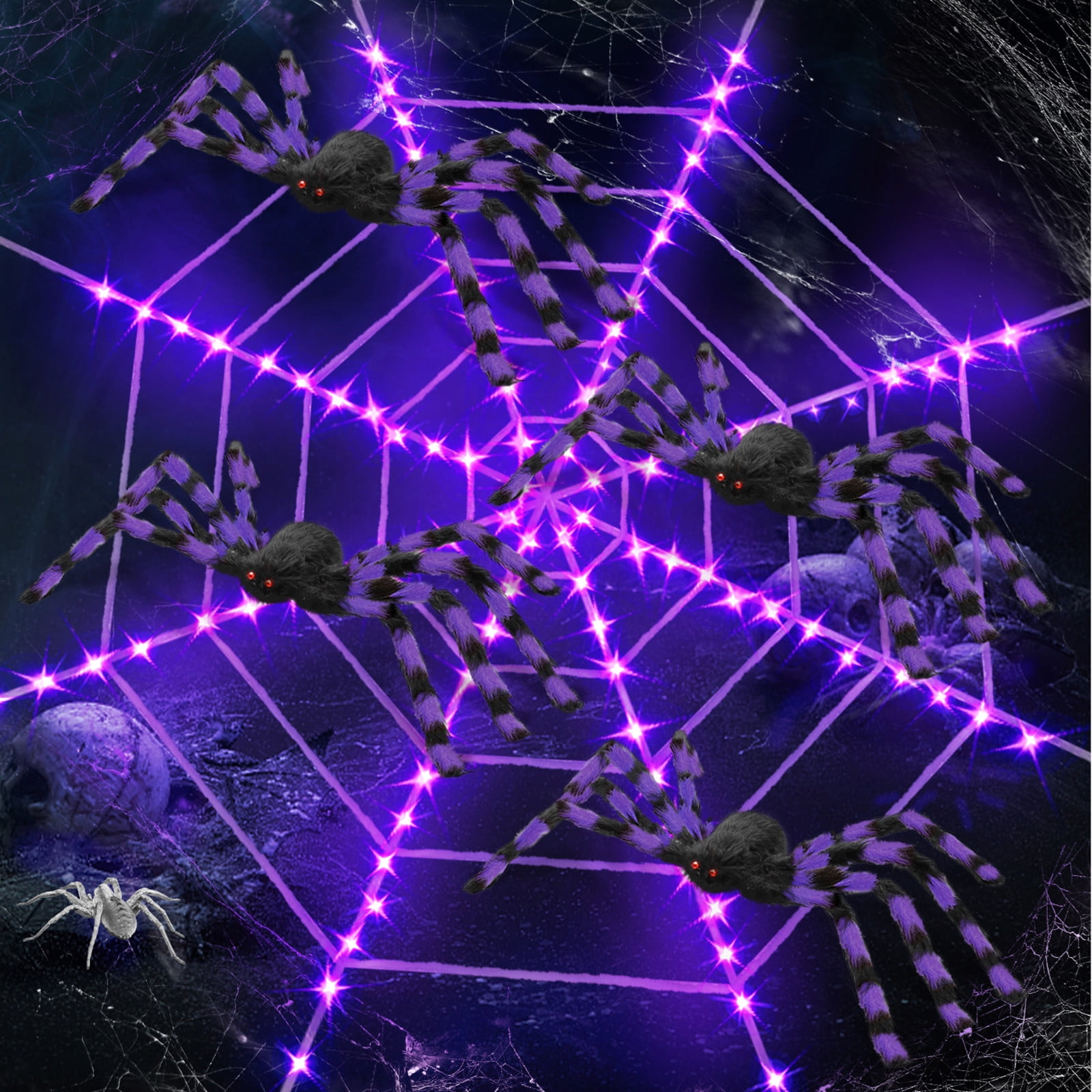 11.8ft Halloween 144 Led Purple Spider Web Lights With 35" Giant Spider ...