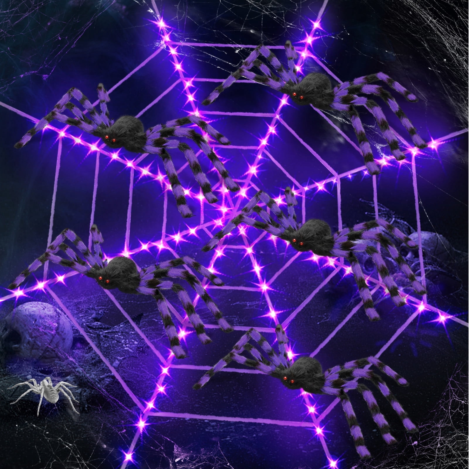 11.8ft Halloween 144 LED Purple Spider Web Lights with 35" Giant Spider ...