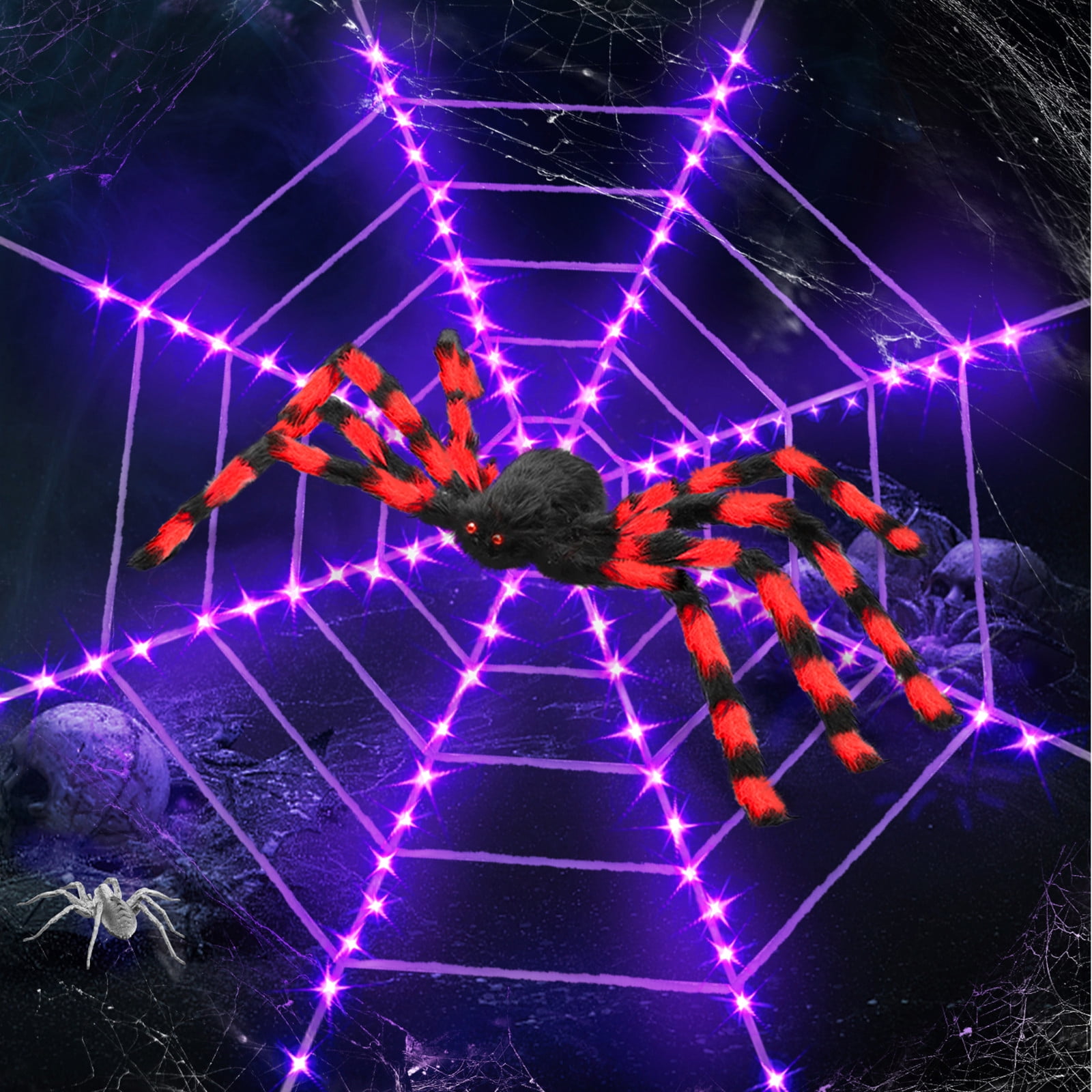 11.8ft Halloween 144 LED Purple Spider Web Lights with 35" Giant Spider ...