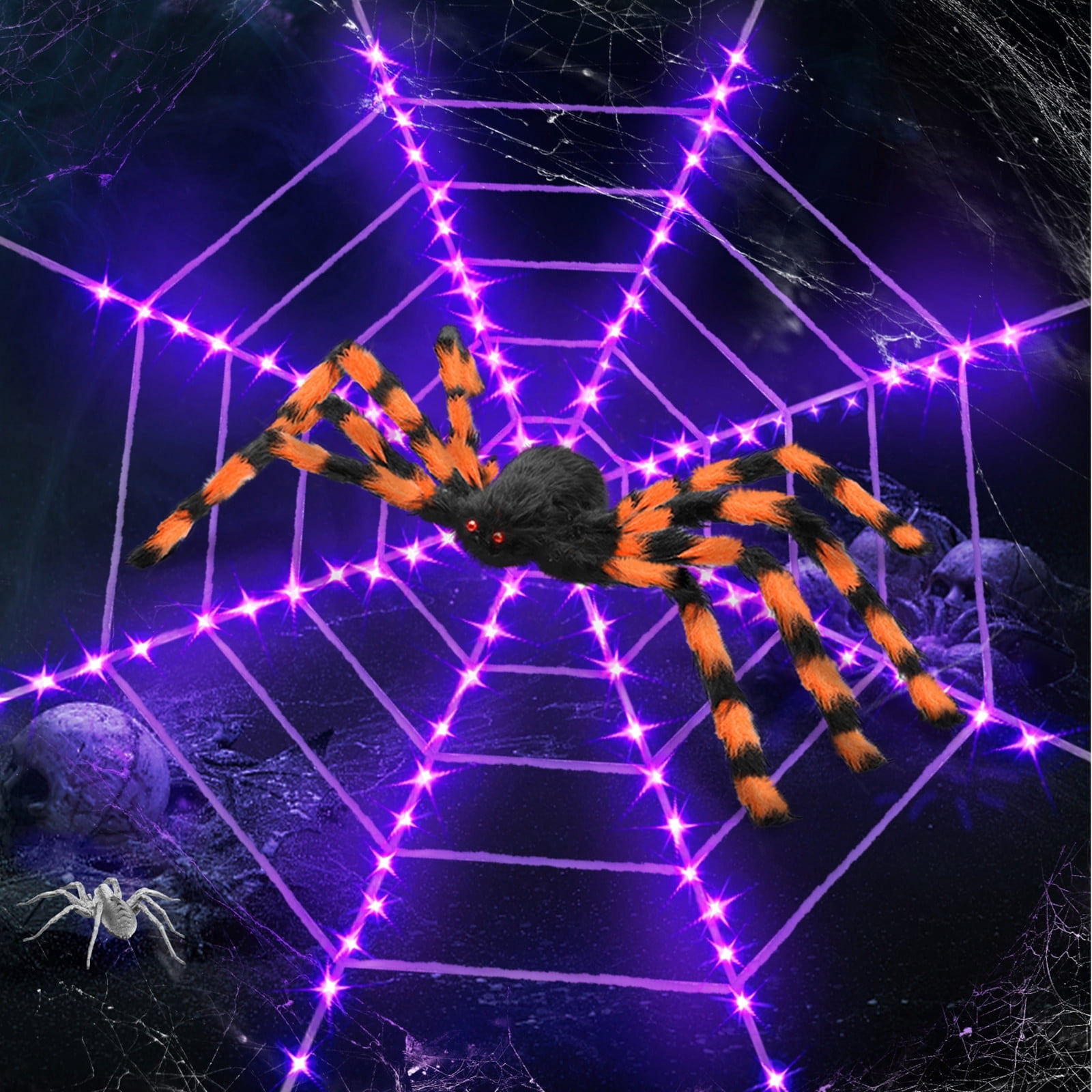 11.8ft Halloween 144 LED Purple Spider Web Lights with 35" Giant Spider ...