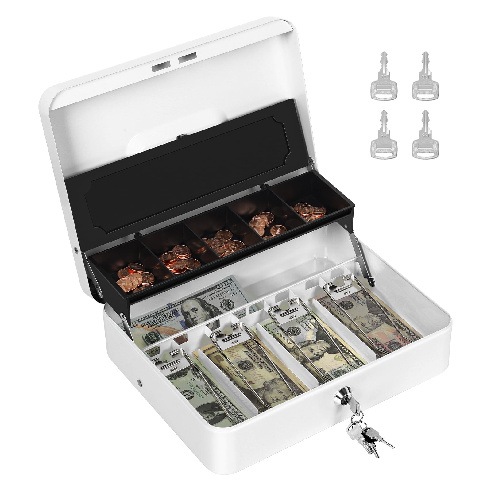 11.8in Locking Cash Box with Cover, 5-Slot Coin Tray & Bill Clips ...