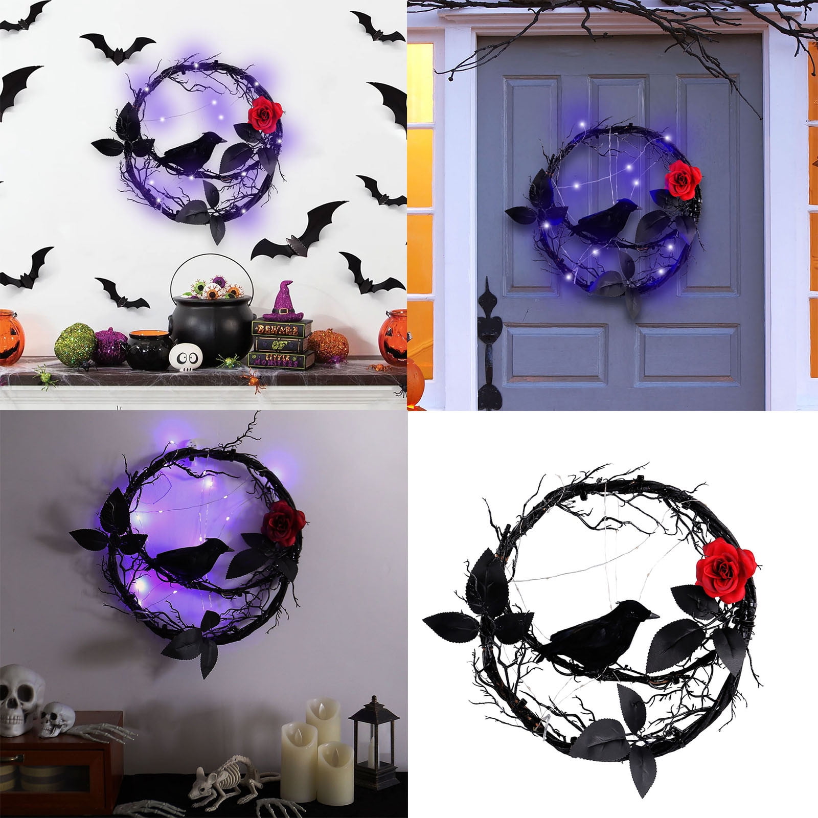 11.8inch Wreath Decor For Front Door Purple Light Crow Wreath With Red ...