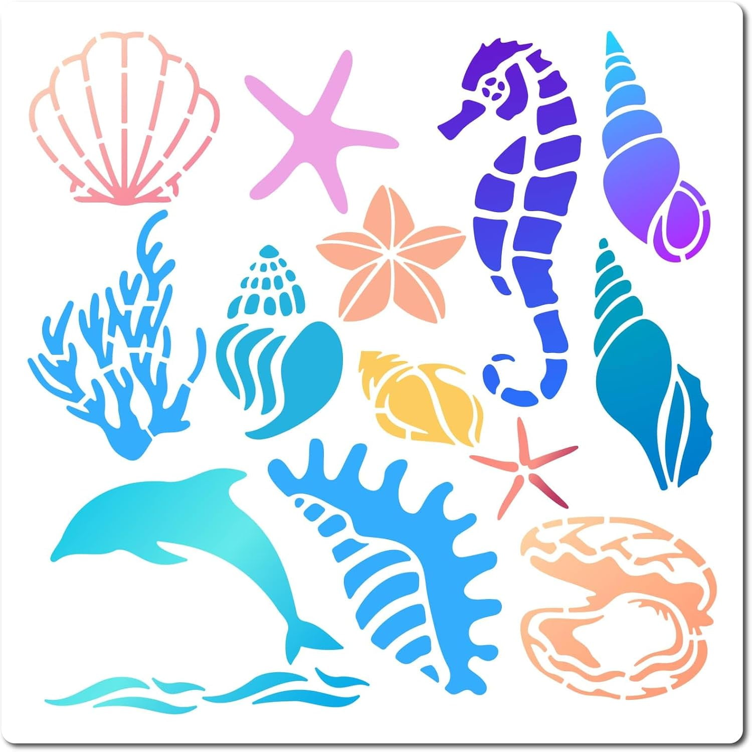 11.8x11.8 Inch Ocean Stencils Sea Shell Seahorse Conch Starfish Coral ...