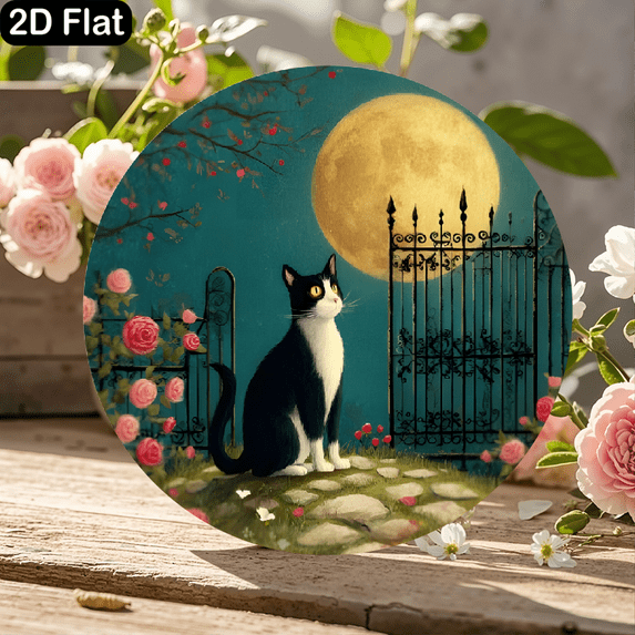 11.8x11.8 Inch Round Wooden Sign Featuring a Black and White Cat Gazing ...