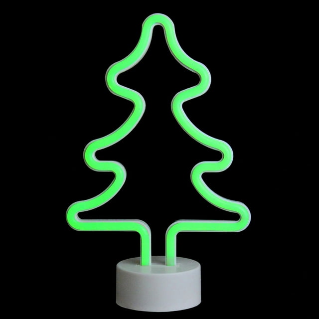 11" Battery Operated Neon Style LED Green Christmas Tree Table Light ...
