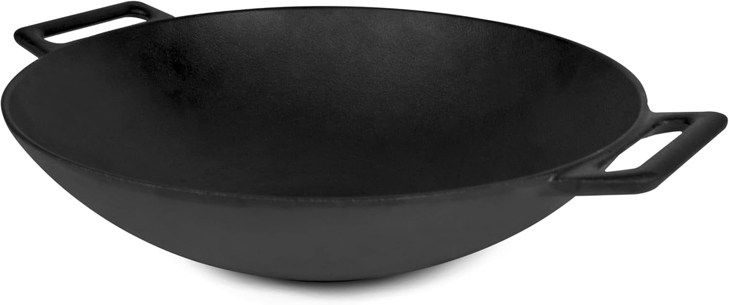 12'' Pre-Seasoned Heavy-Duty Construction Cast Iron Wok, Griddle, and ...