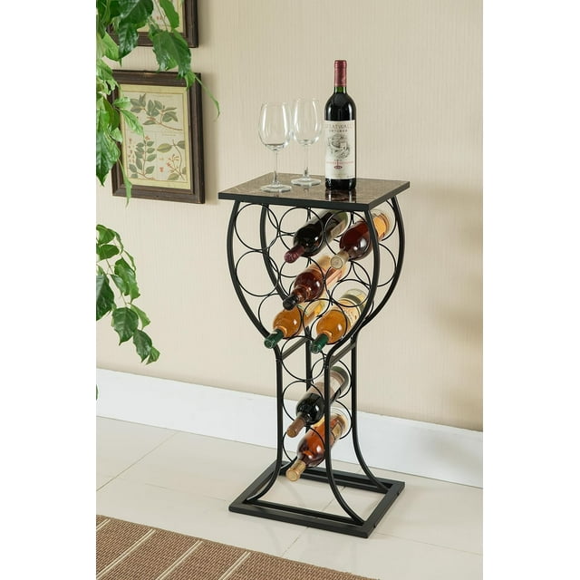 11 Bottle Free Standing Floor Wine Rack Table, Black Metal & Faux ...