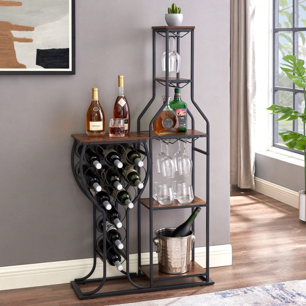 11 Bottle Wine Bakers Rack, 5 Tier Freestanding Wine Rack With Hanging ...