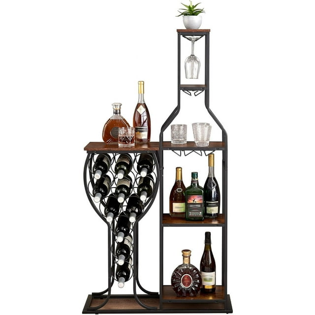 11-Bottle Wine Rack Freestanding Floor with Hanging Wine Glass Holder ...